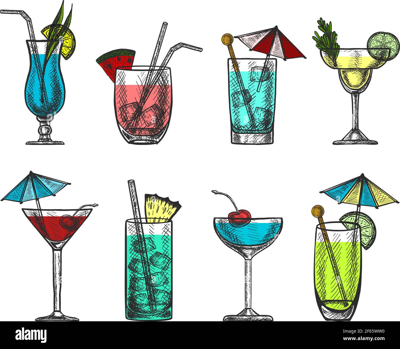 Vector hand drawn colorful cocktail collection. Isolated on white ...