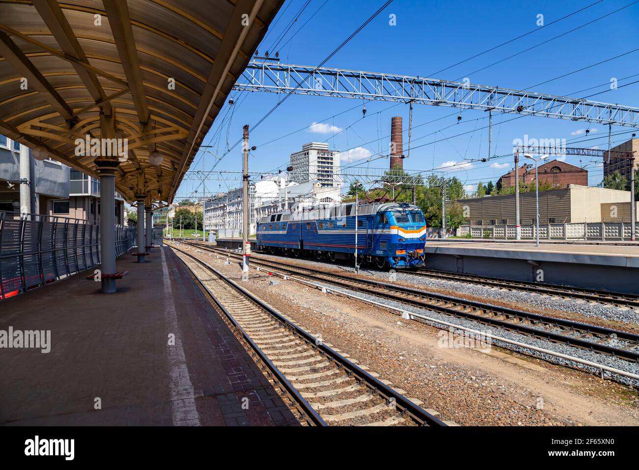 Train on Moscow passenger platform (Kursky railway terminal ) is one of ...