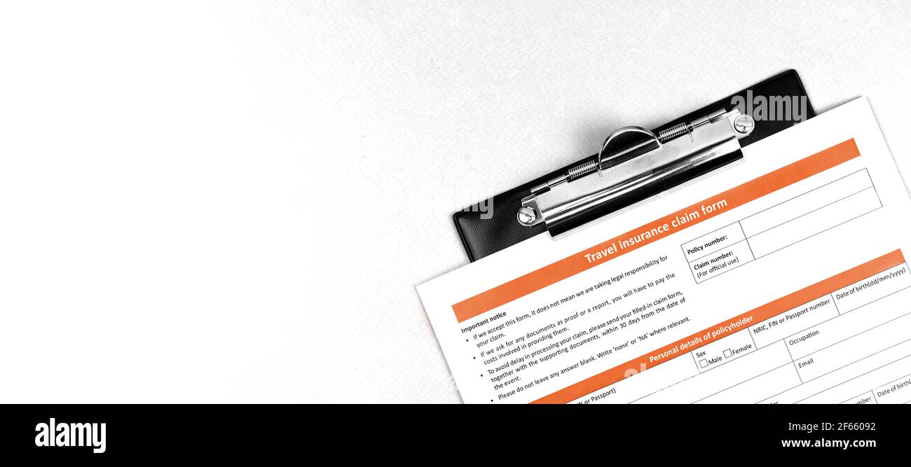 Travel insurance application form on white table and banner background ...