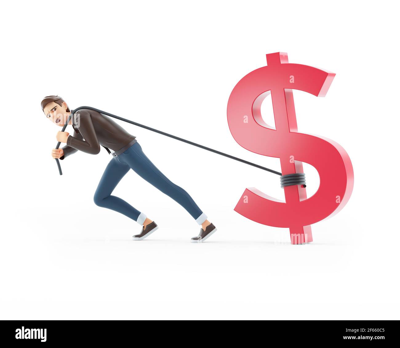 3d cartoon man pulling dollar sign, illustration isolated on white ...