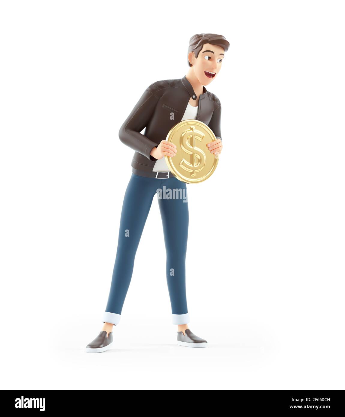 3d cartoon man holding gold coin, illustration isolated on white ...