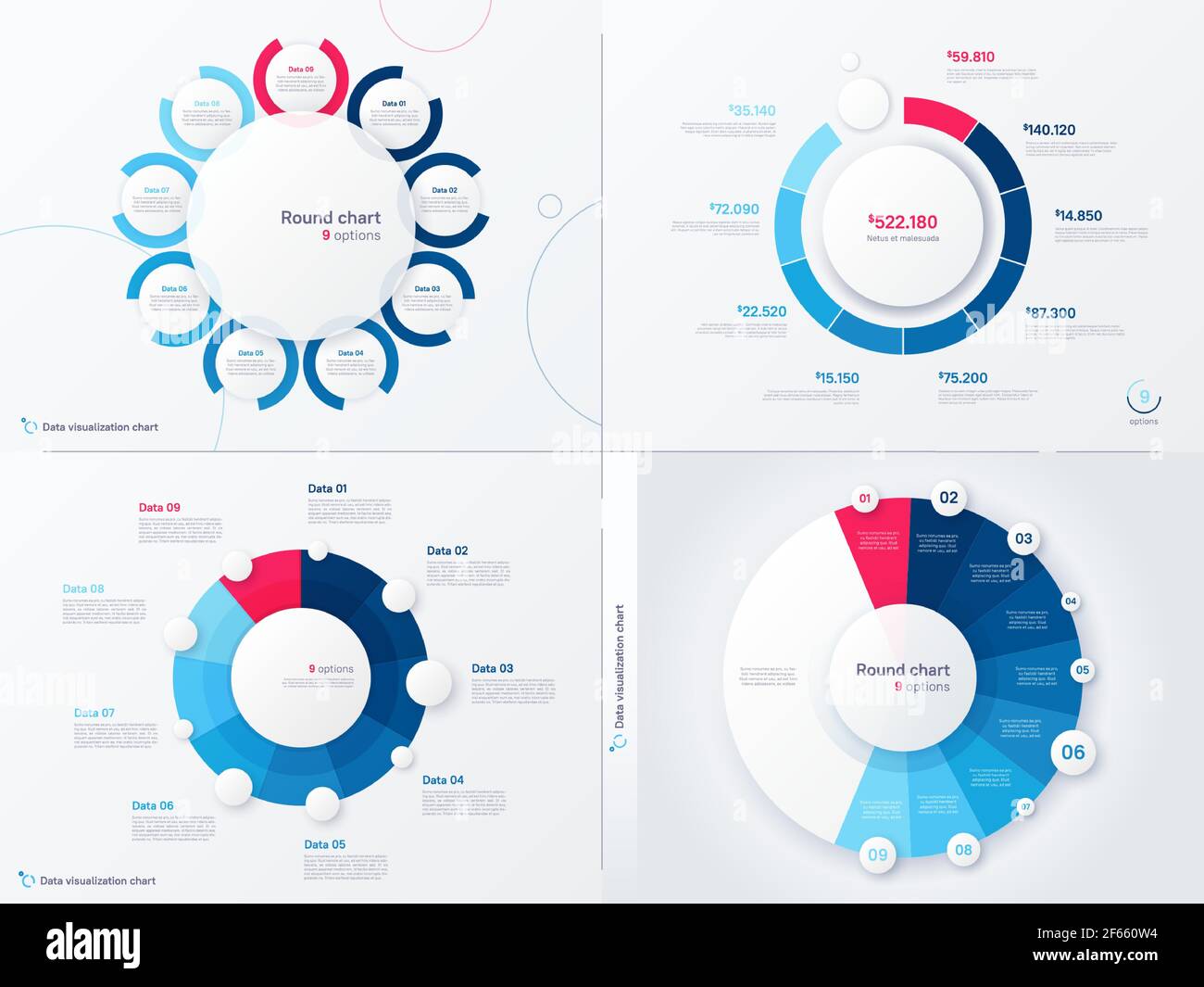 Vector infographic round chart templates. Nine options, steps, parts ...