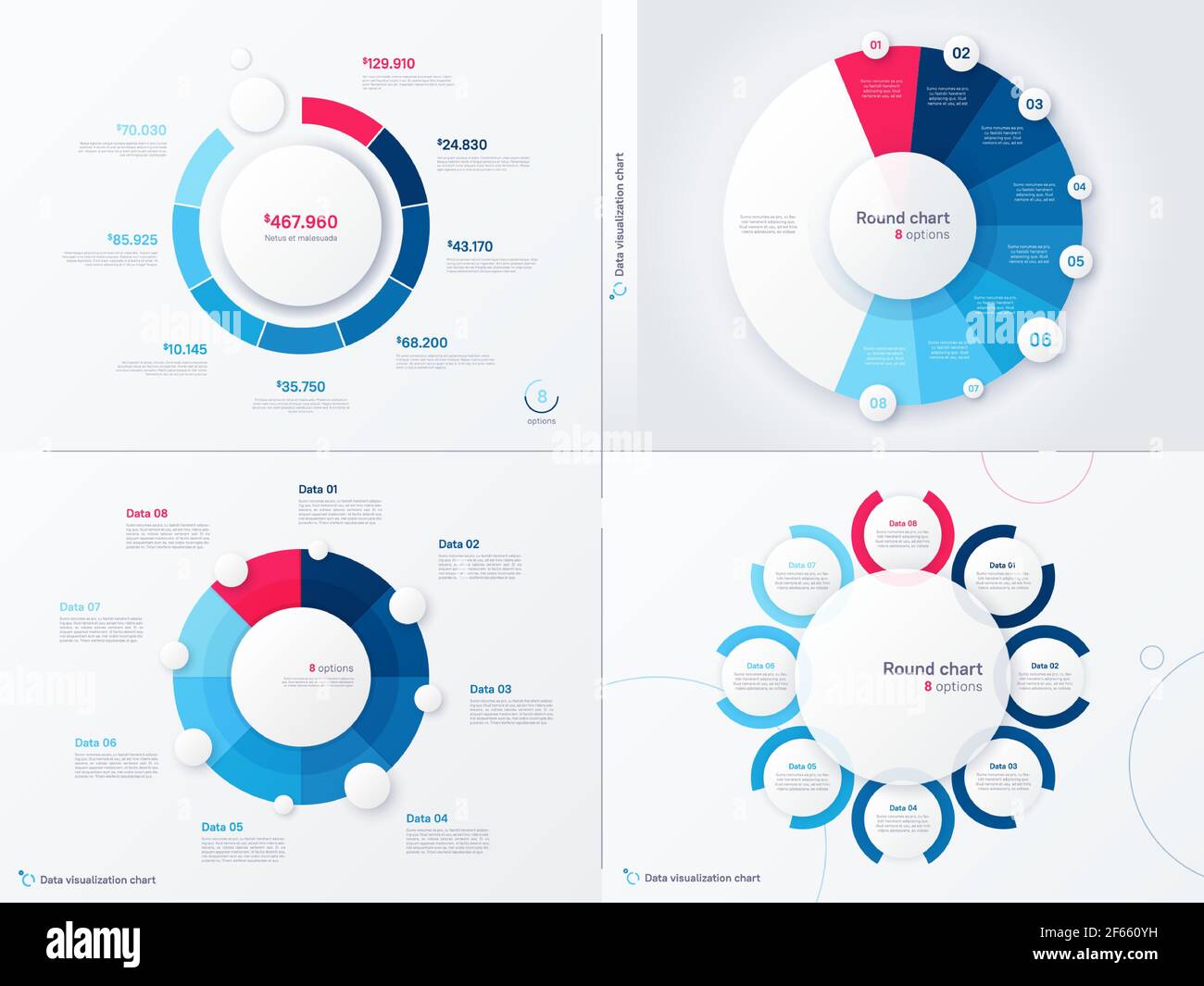 Vector infographic round chart templates. Eight options, steps, parts ...