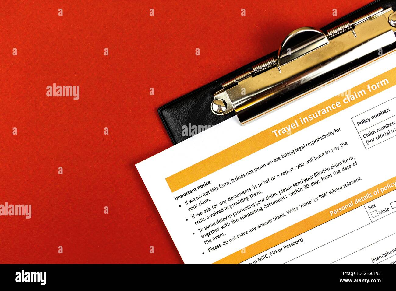 Travel insurance claim form close-up background photo Stock Photo - Alamy