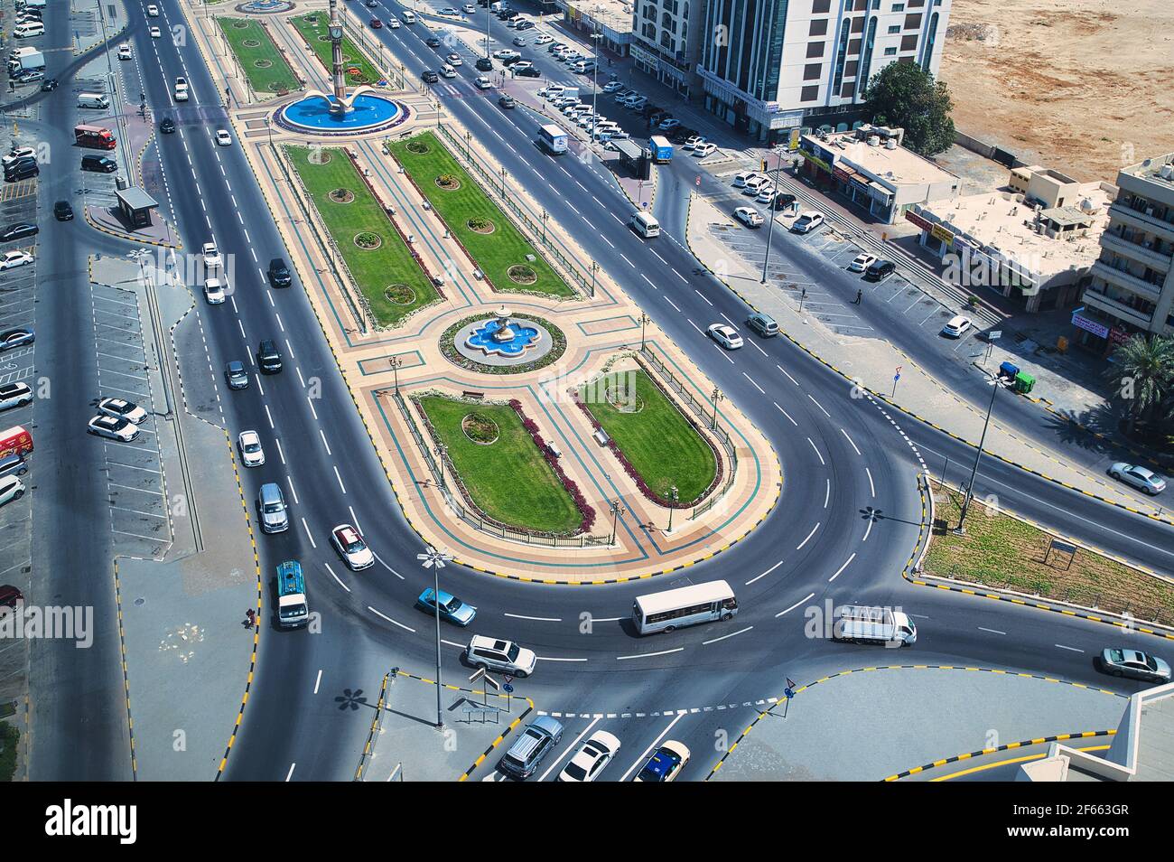 Zahra tower and Sharjah Clock Tower roundabout in Sharjah emirate ...
