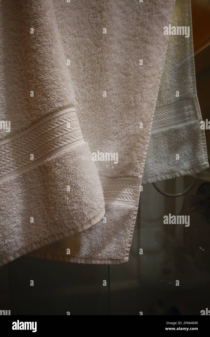 Bath Towel Hanging from Shower Stall Stock Photo - Alamy