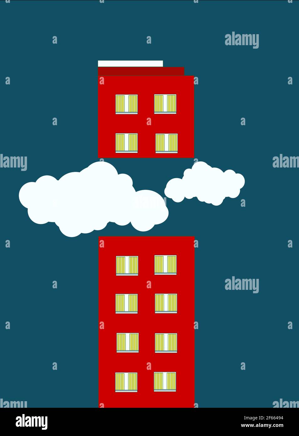 illustration of a building cut in half by clouds , isolated on a blue ...