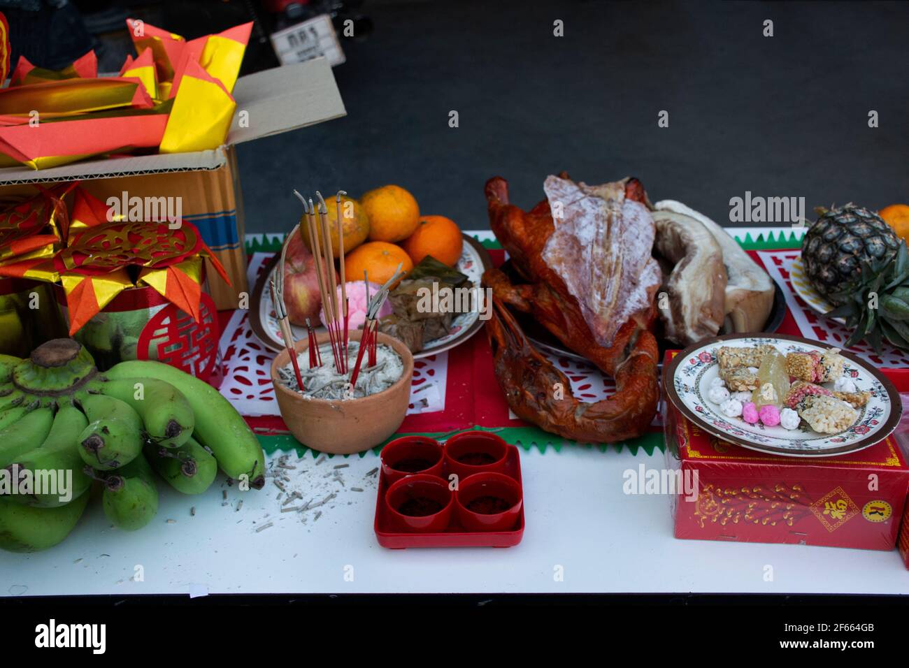 Thai people prepare Sacrificial offering and food drinks for rite offer ...