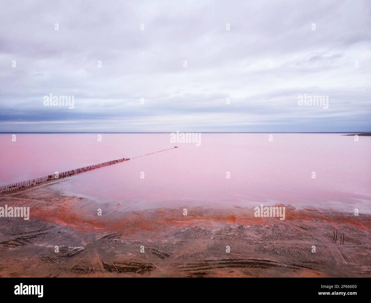 Aerial view of red salt lake. Deserted shoreline without people. Nobody ...