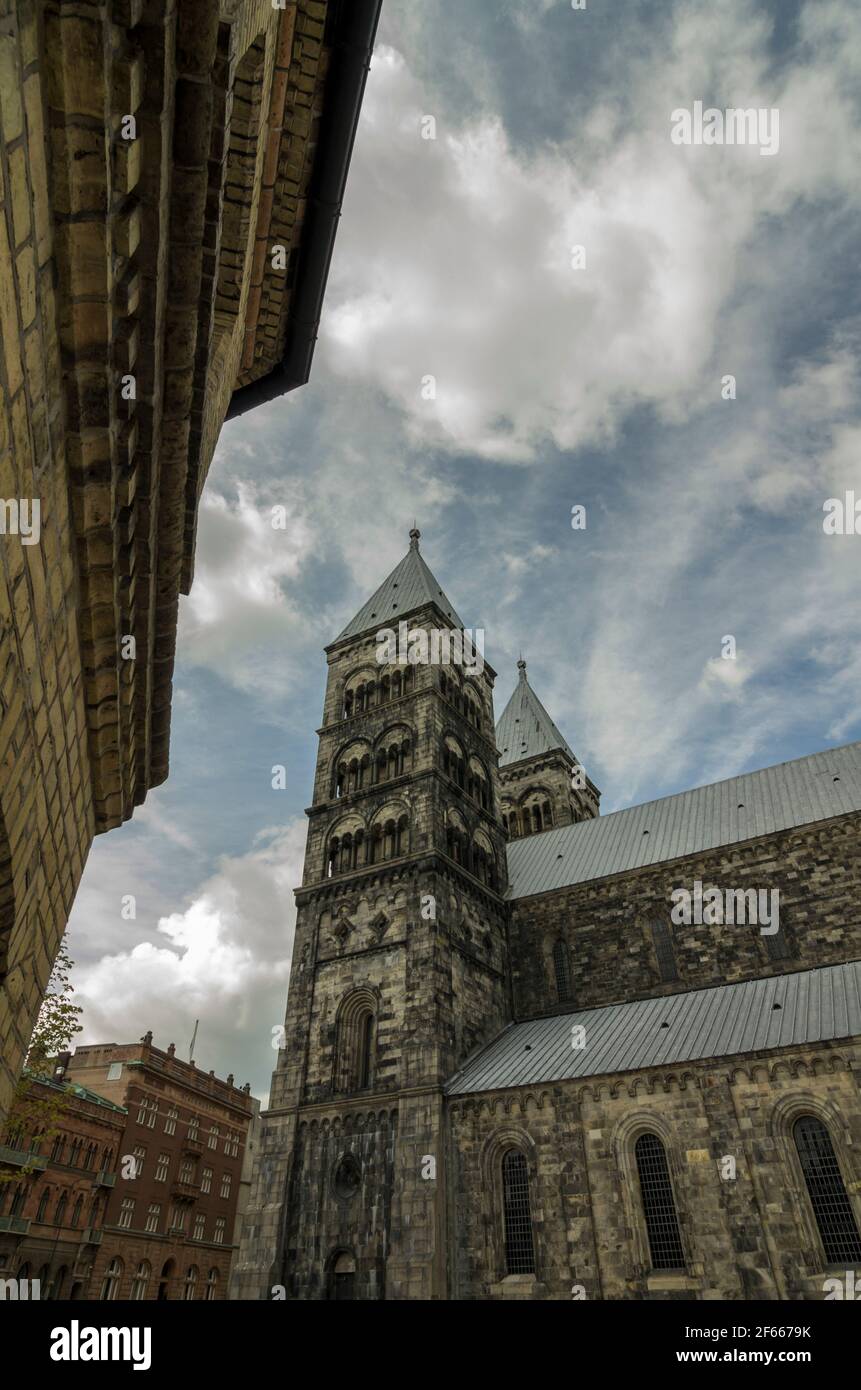 The towers of Lund Cathedral, Lund, Sweden, from the side, against a ...