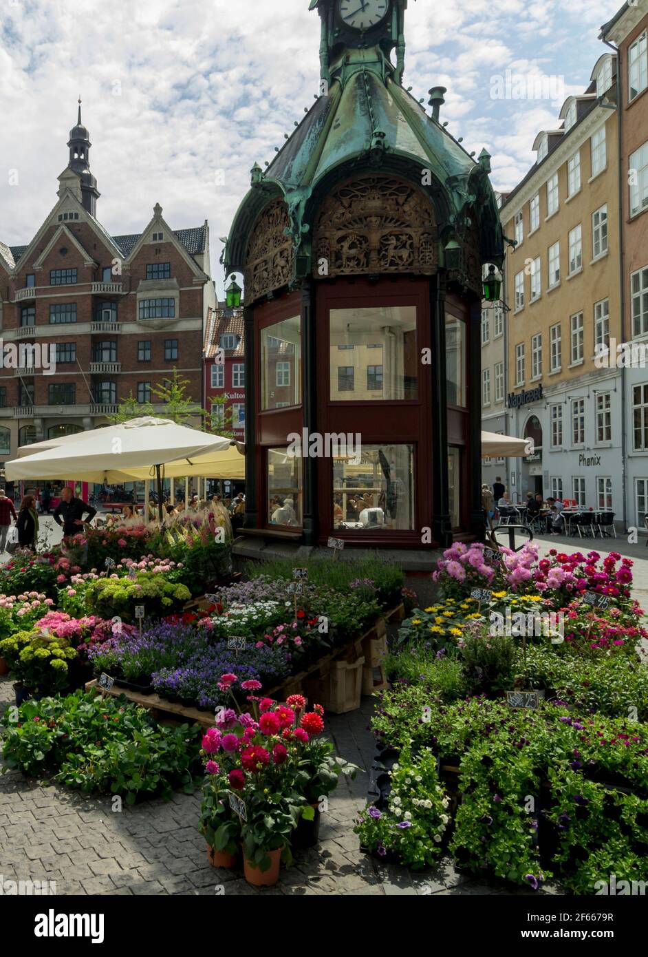 An old kiosk, surrounded by colourful flower stalls in Kultorvet, the ...