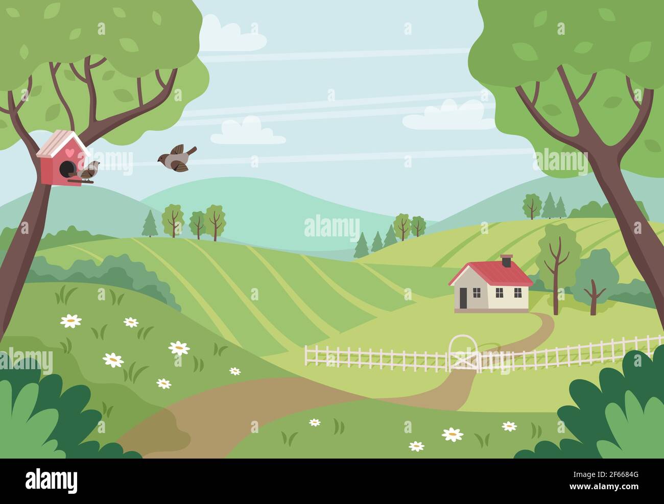 Spring countryside landscape with house, trees and birds. Cute vector ...