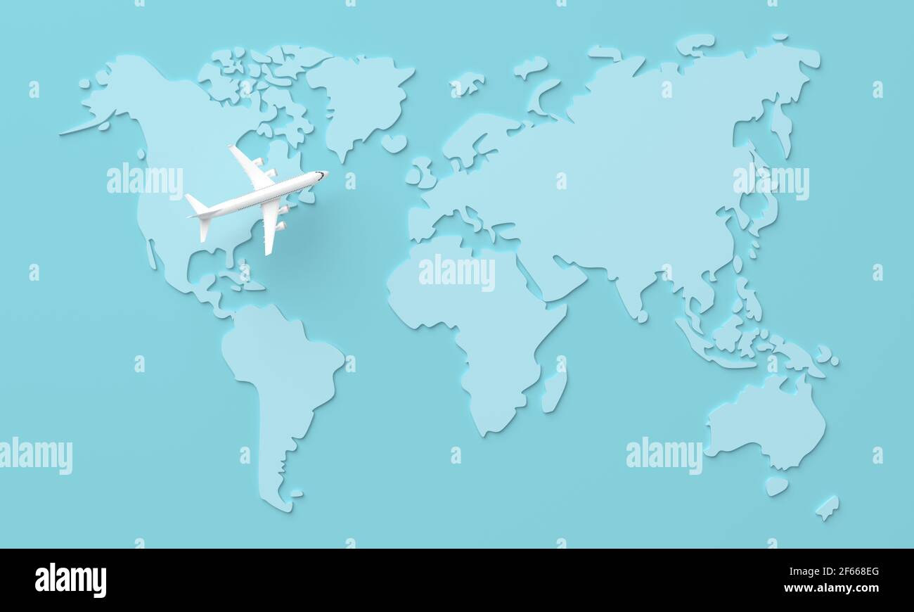 Travel World map background with plane, top view. 3d rendering Stock ...