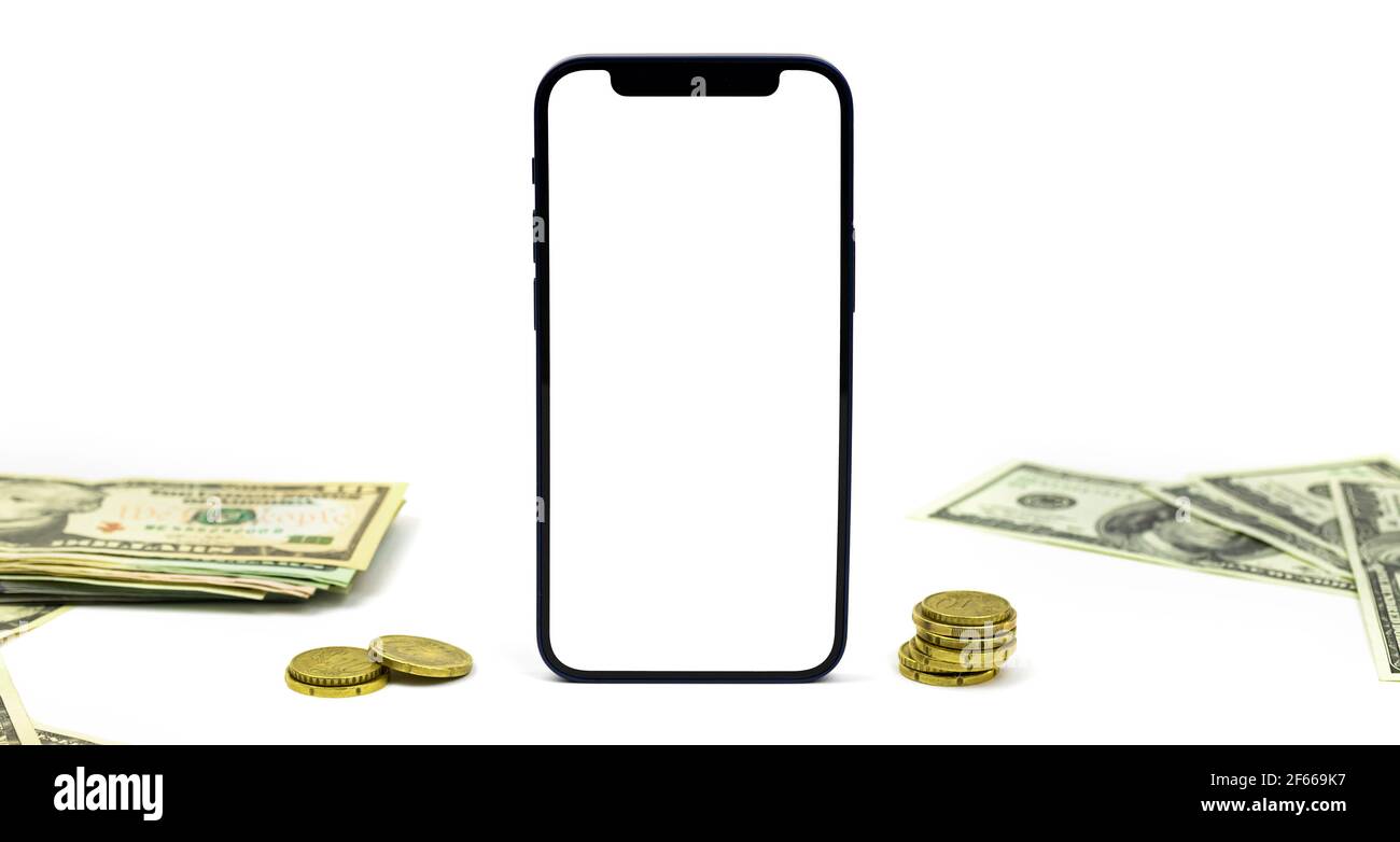 Concept of mobile money earning, mockup with modern smartphone on white ...