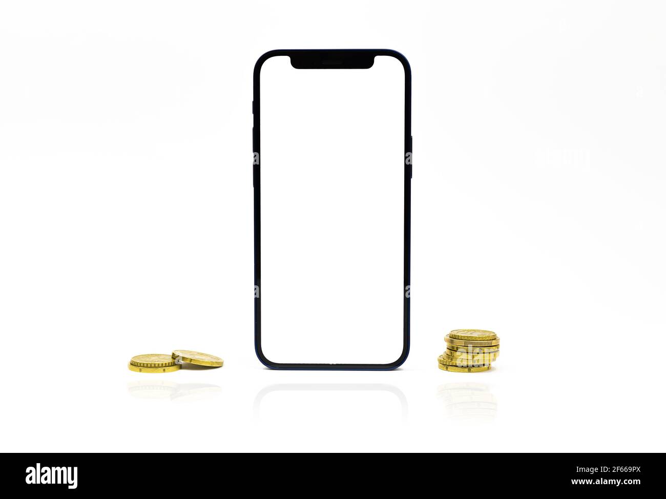 Mobile phone with cash, money, coins, mockup isolated on white ...