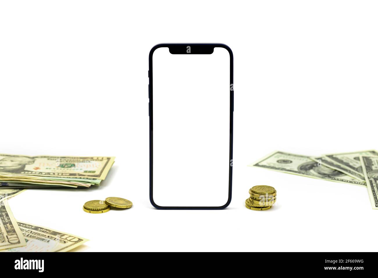 Cash and money earning mockup concept with mobile phone, blank white ...