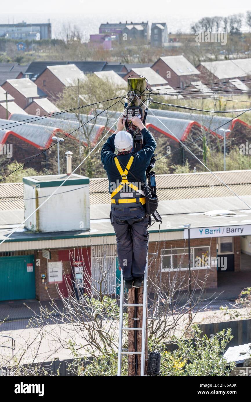 A telephone engineer standing on a ladder working at the top of a ...