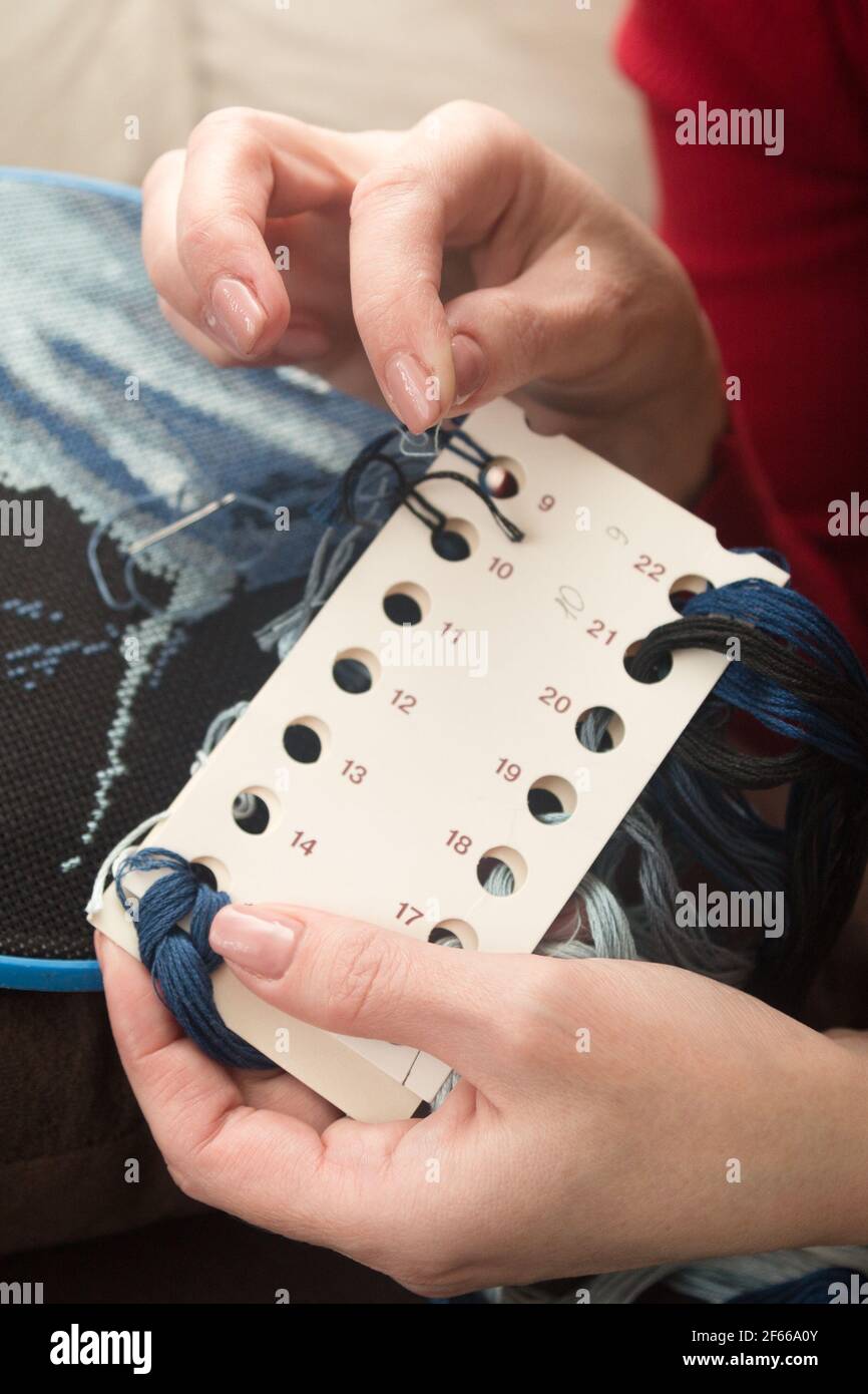 Woman chooses thread for embroidery color and number Stock Photo - Alamy