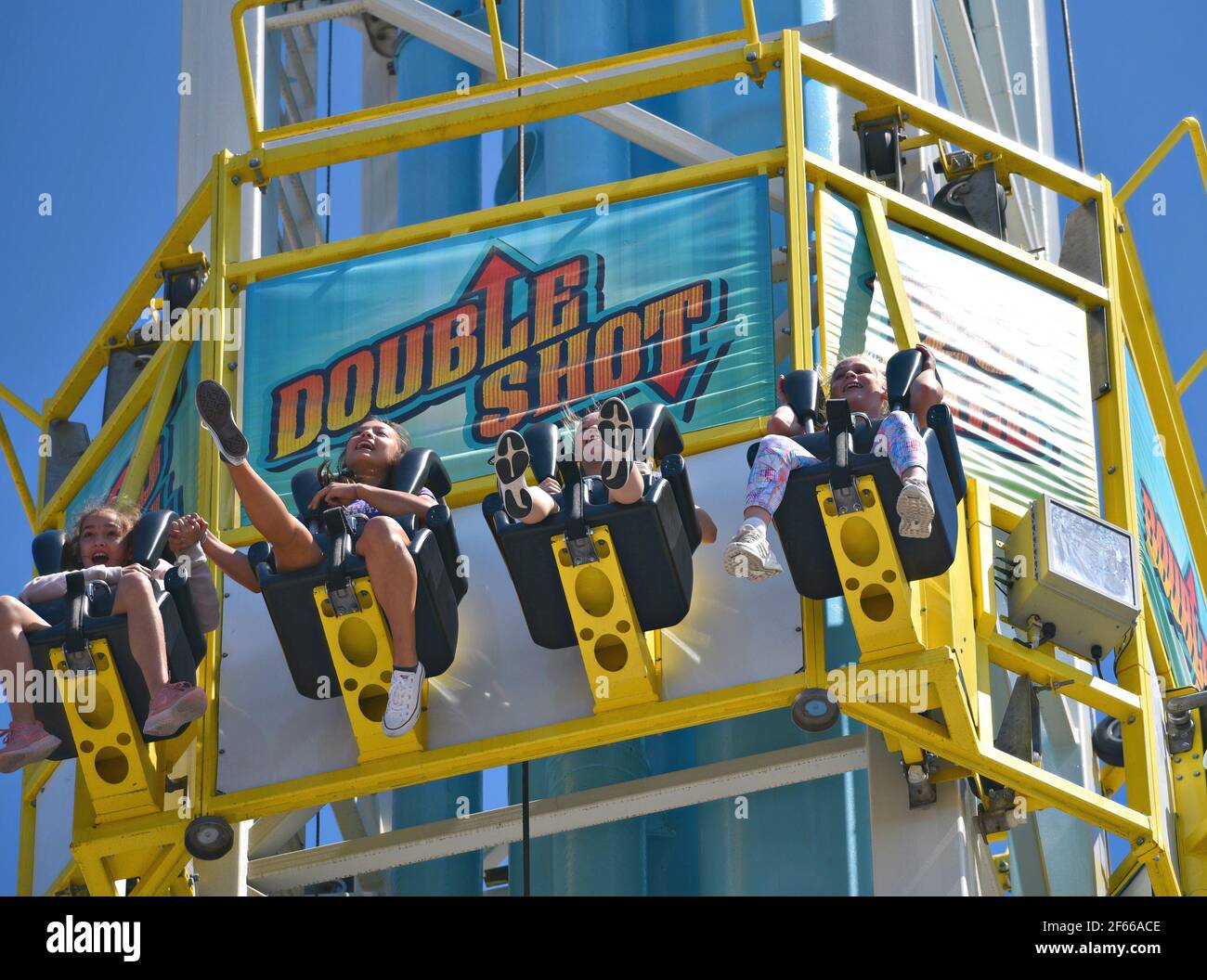 Closeup view of people riding the Double Shot ride at the Santa Cruz ...