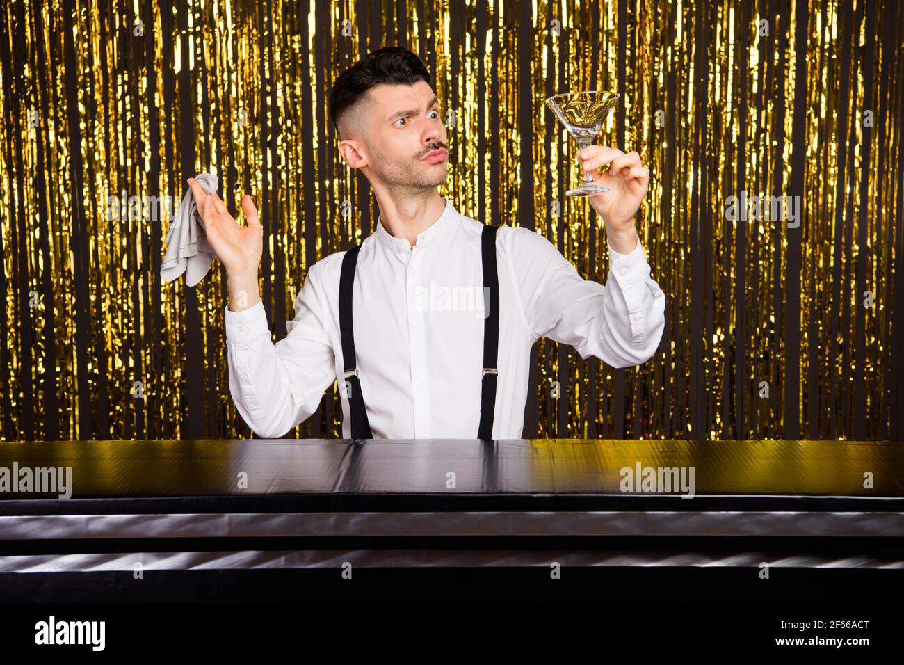 Photo of young man unhappy upset angry clean clear glass barman waiter ...