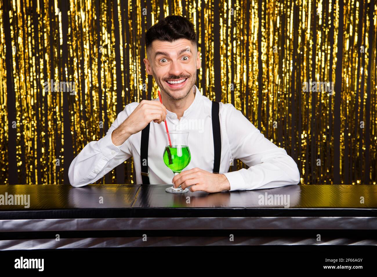 Photo of young cheerful handsome man happy positive smile bar drink ...