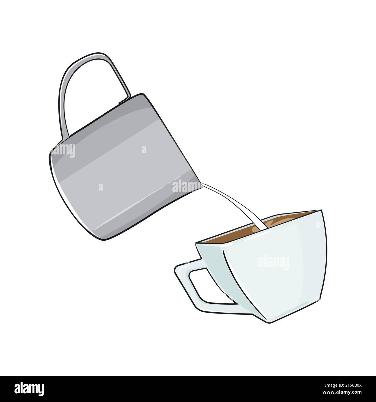 Pitcher pouring milk into coffee cup. Art barista tool. Vector ...