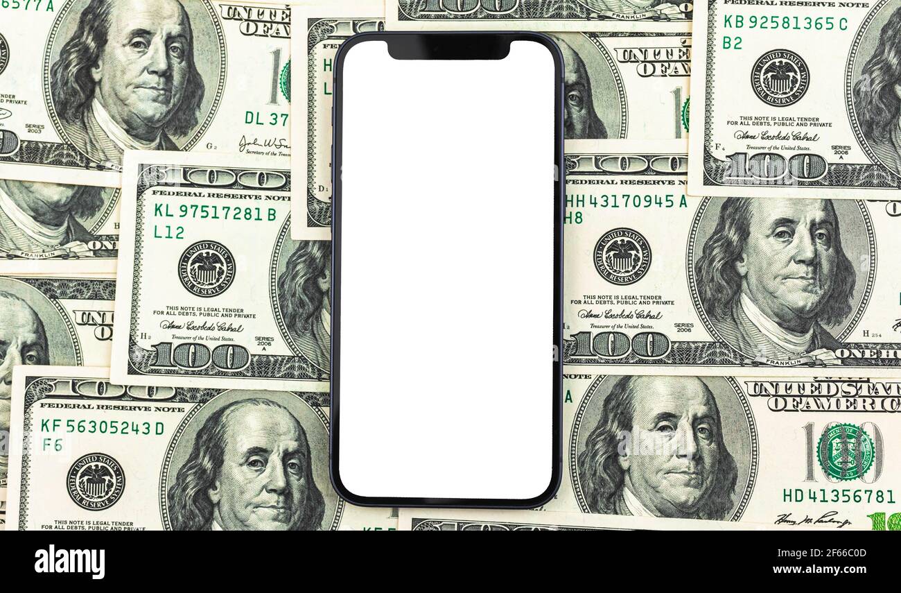 Money concept with smartphone mockup on a dollar background, balnk ...