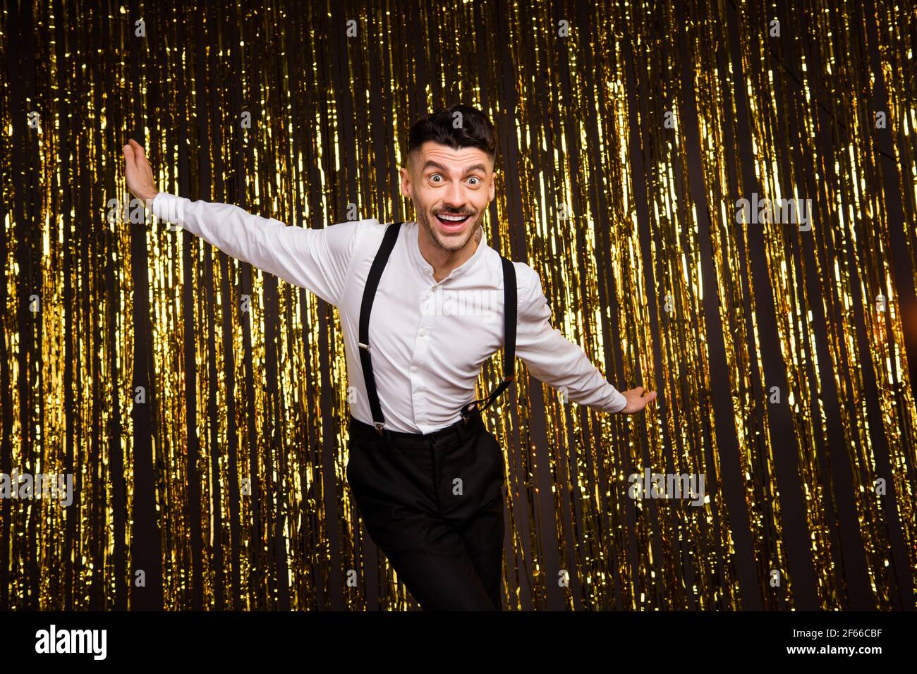 Photo of young cheerful man happy positive smile performer dance party ...