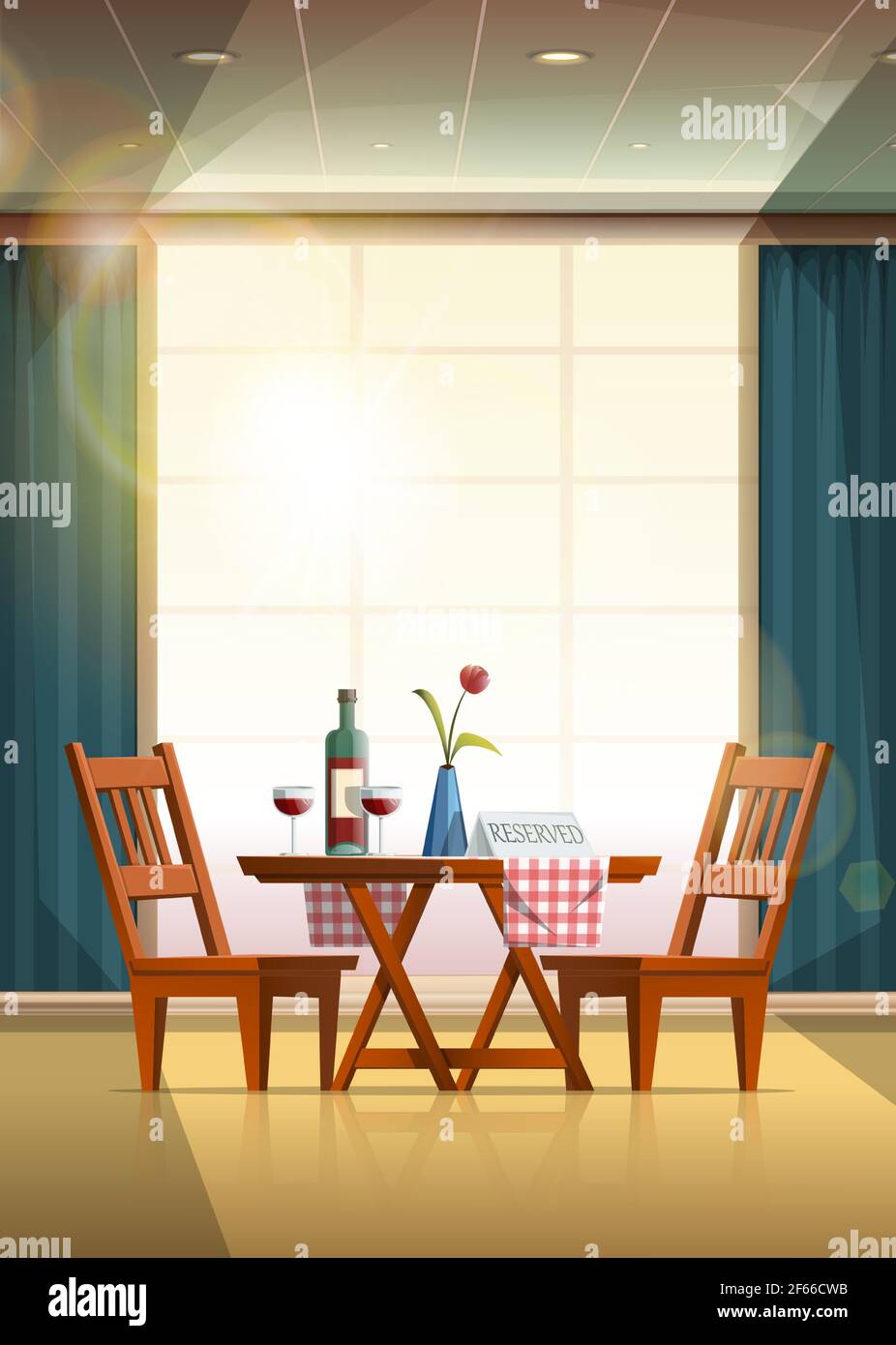 Vector cartoon style restaurant romantic table with wine and reserved ...
