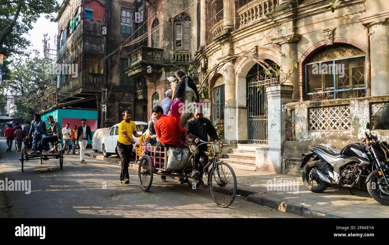 Kolkata, West Bengal, India - January 2018: A cycle rickshaw with an ...