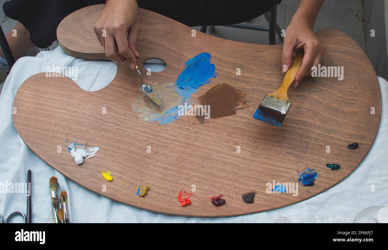 Paint palette for painting picture, color mixing and brushes Stock ...