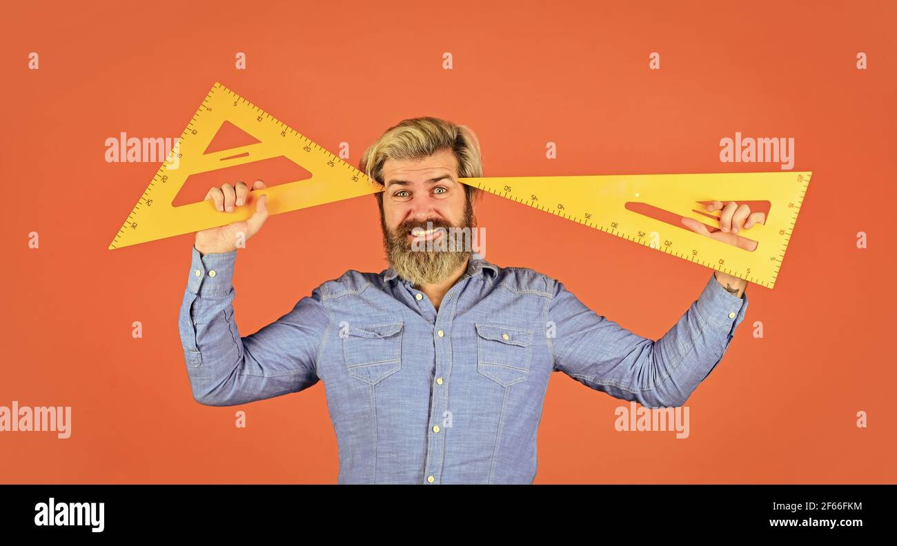 Education concept. Architect education. Bearded man teacher use ruler ...