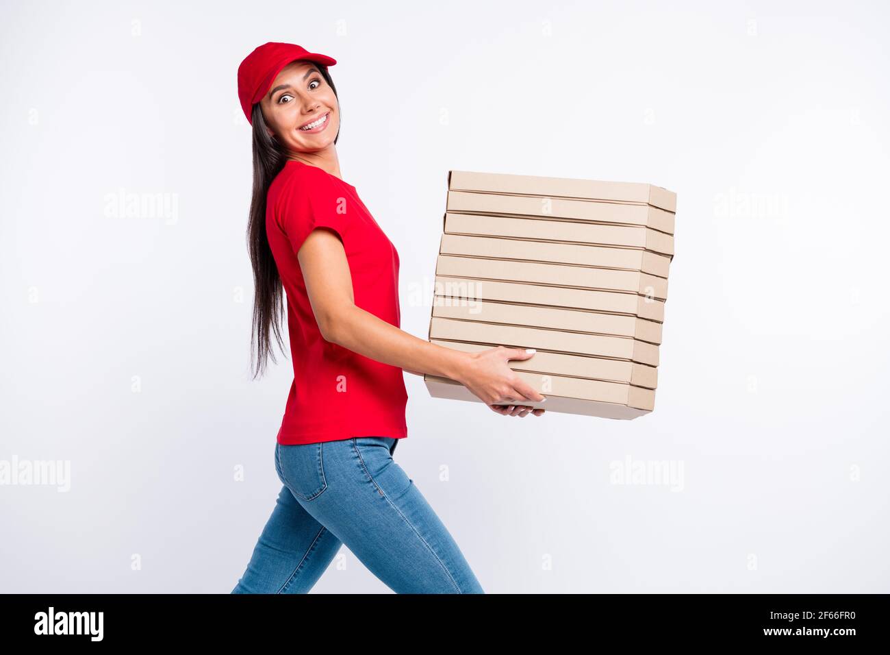 Profile side photo of young happy excited crazy service girl go walk ...