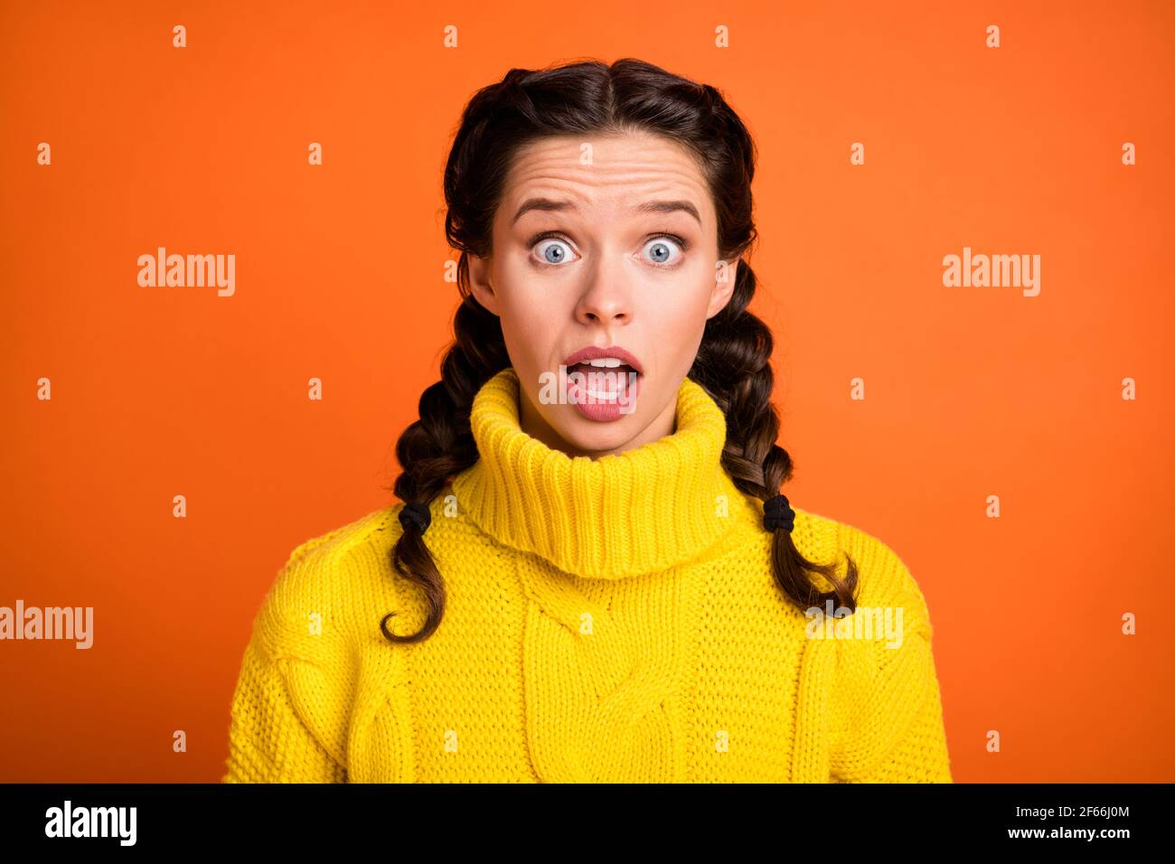 Portrait Of Brown Hair Impressed Girl Wear Yellow Sweater Isolated On