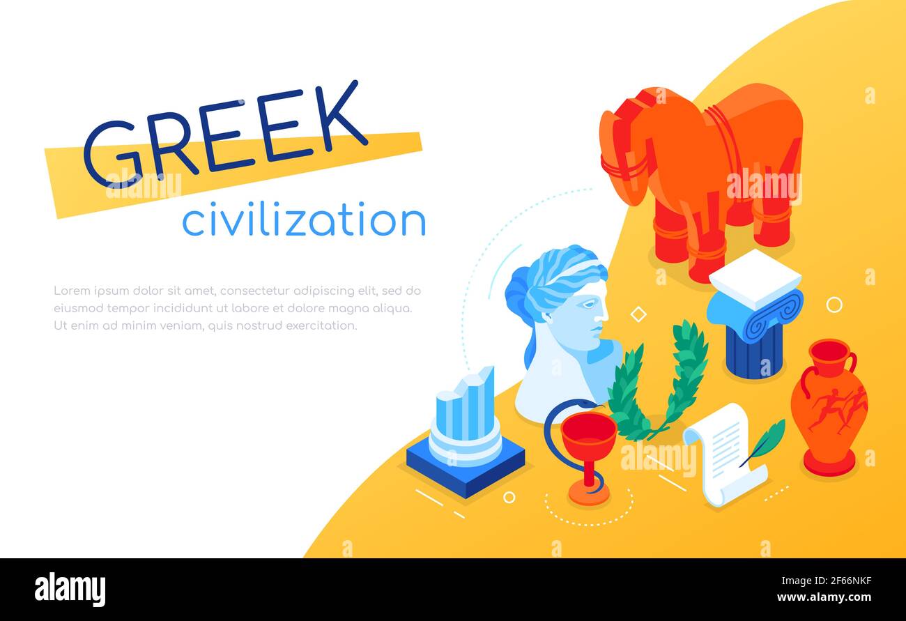 Greek civilization - modern colorful isometric web banner with copy ...