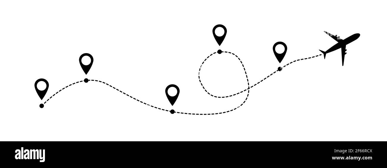 Airplane line vector icon of air plane flight route with start point ...