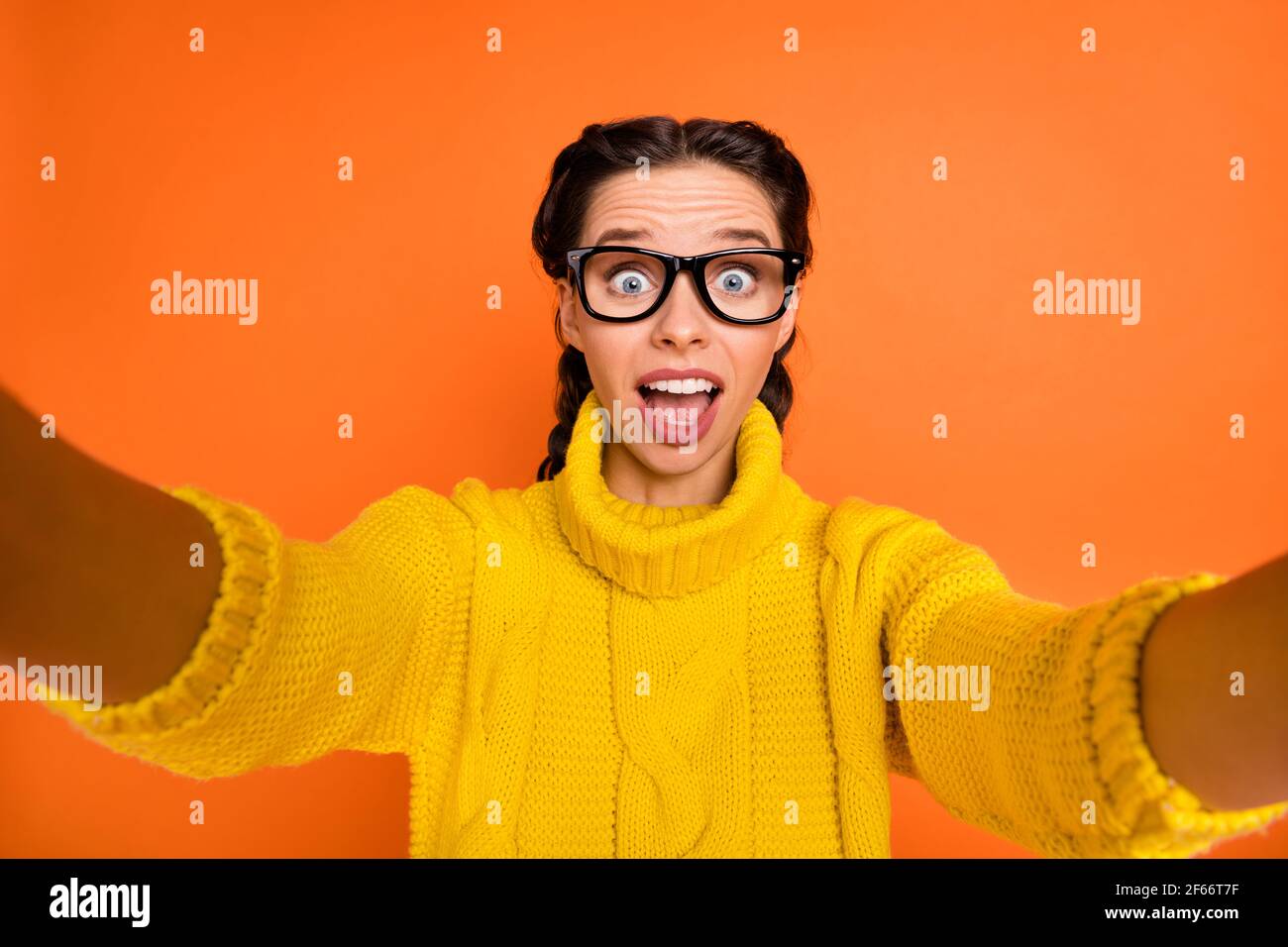 Photo Of Brown Hair Impressed Cute Girl Do Selfie Wear Spectacles