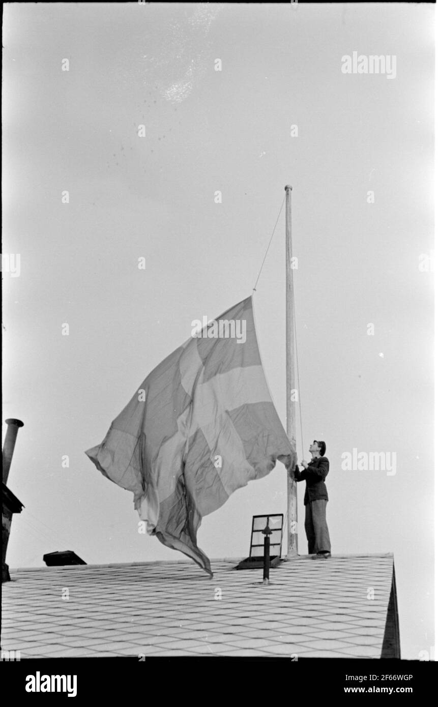 Flag is hoisted at Charlottenberg station, in connection with transport ...