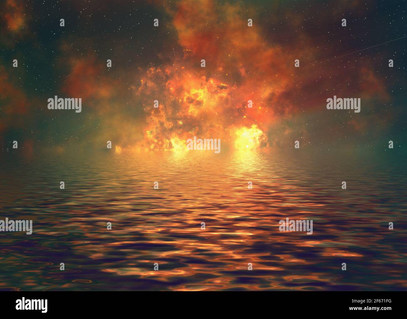 bright explosion flash reflection in water waves Stock Photo - Alamy