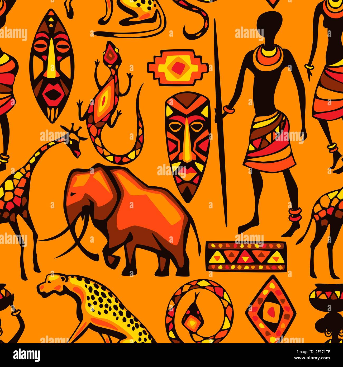 African ethnic seamless pattern. People, animals and masks of Africa ...