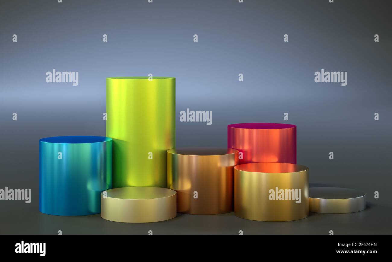 colored metal cylinders. podium to show products. 3d render. nobody ...