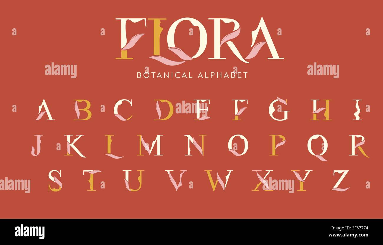 Vector Floral Alphabet with decorative leafs elements. Modern elegance ...