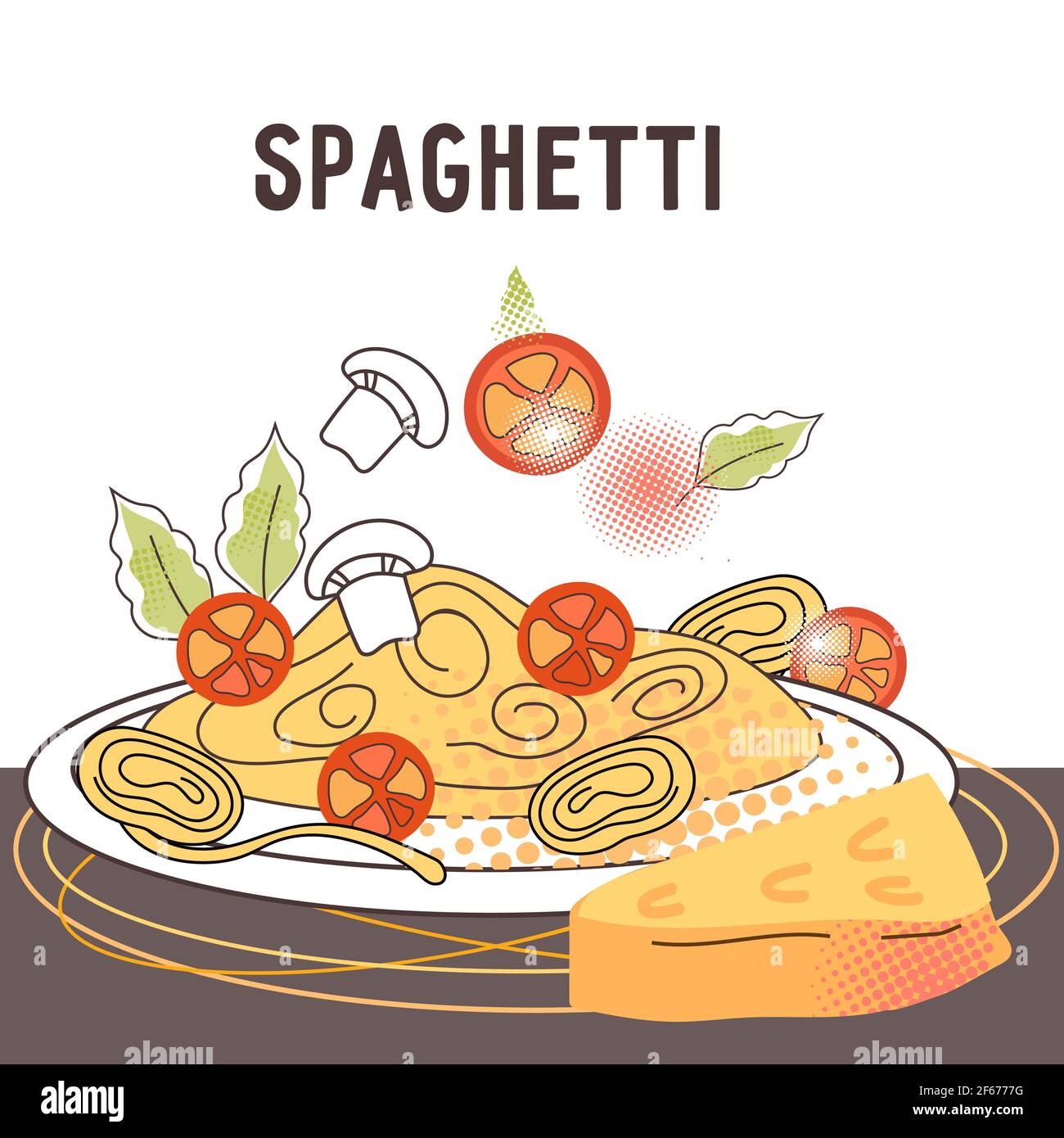 Banner or poster with Spaghetti plate and cheese, flat cartoon vector ...