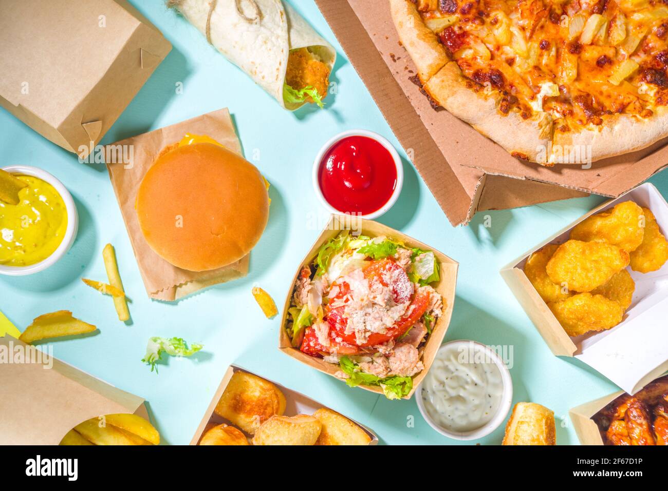 Delivery fastfood ordering food online concept. Large set of assorted ...