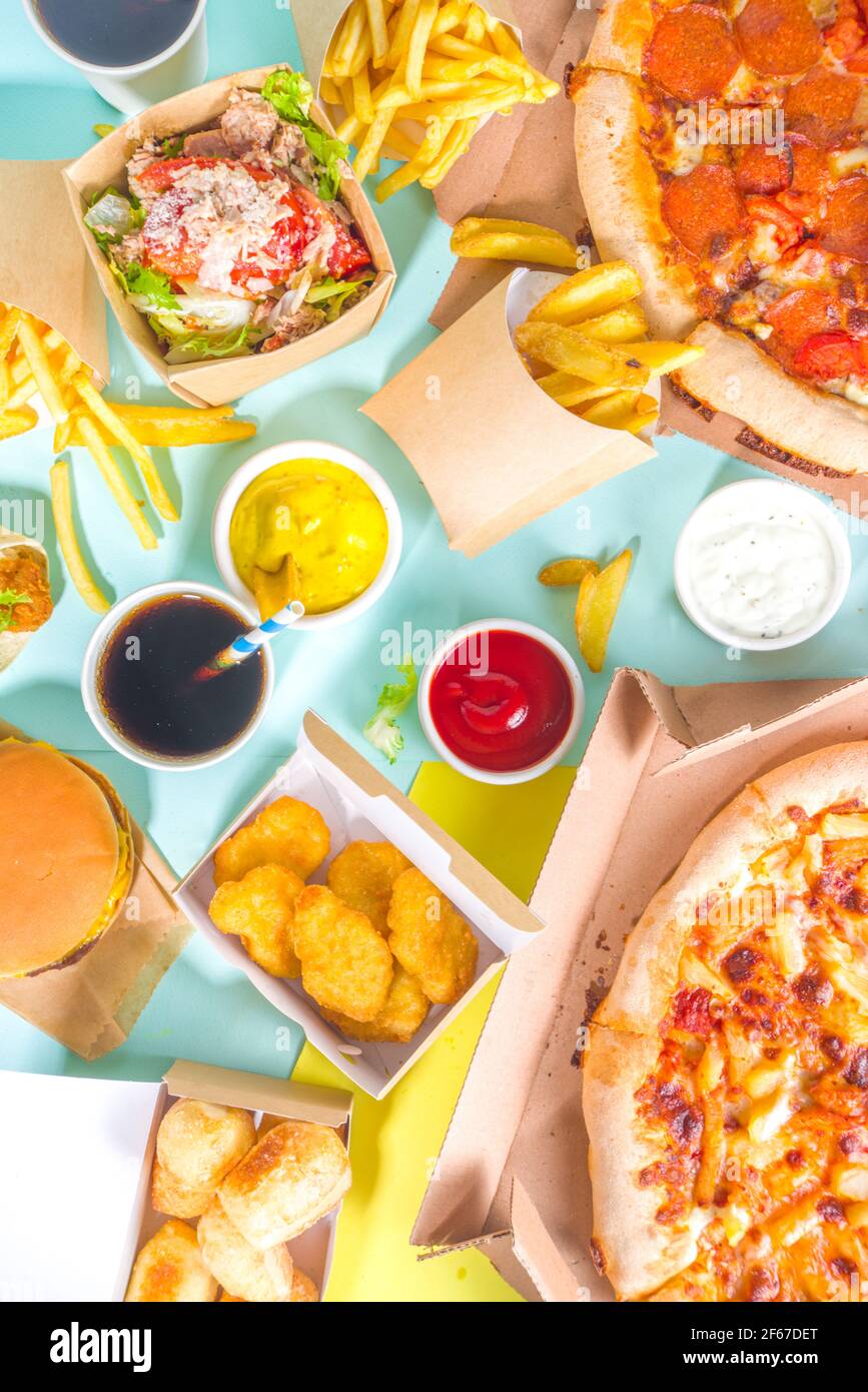 Delivery fastfood ordering food online concept. Large set assorted ...