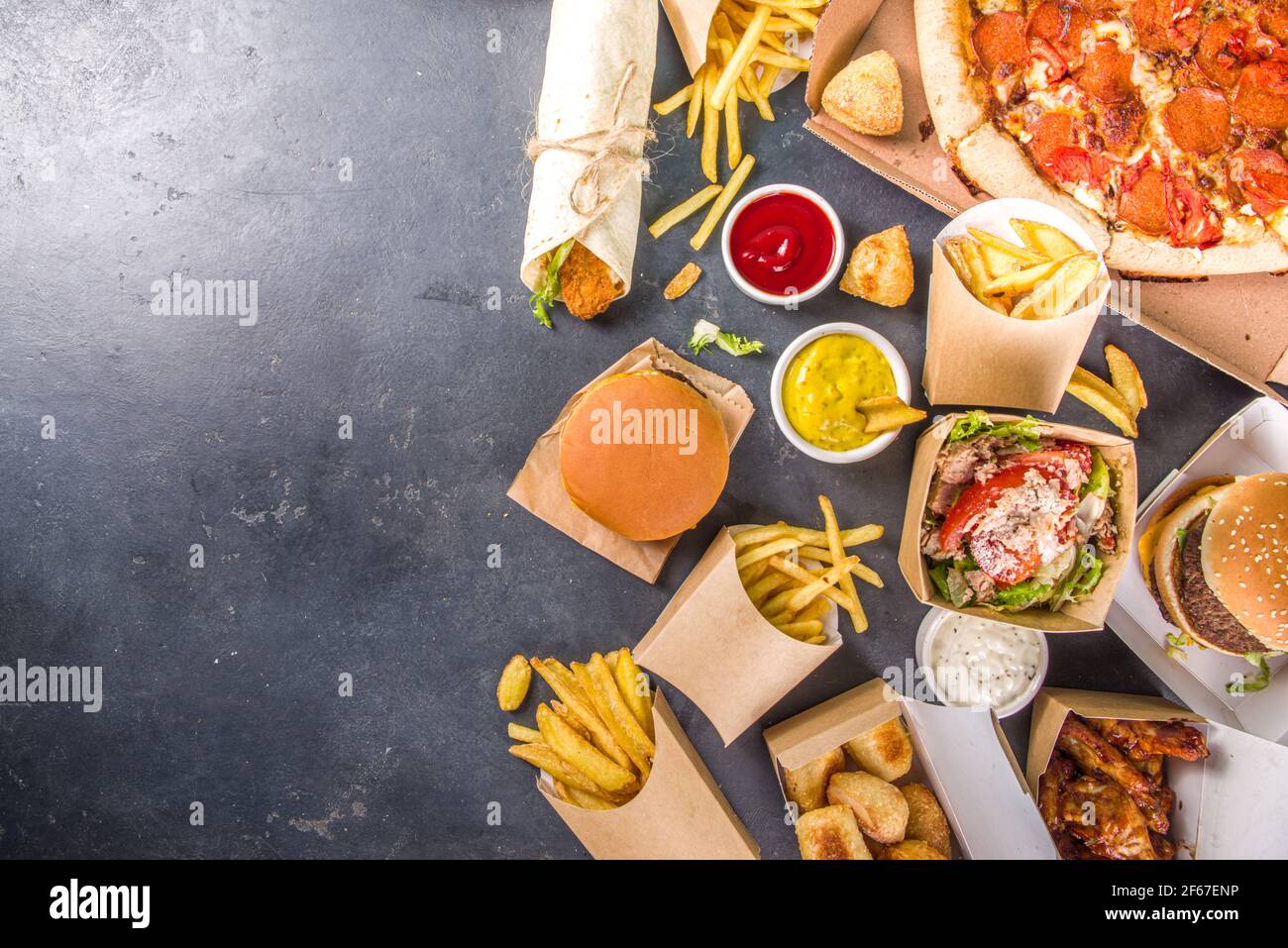 Delivery fastfood ordering food online concept. Large set of assorted ...