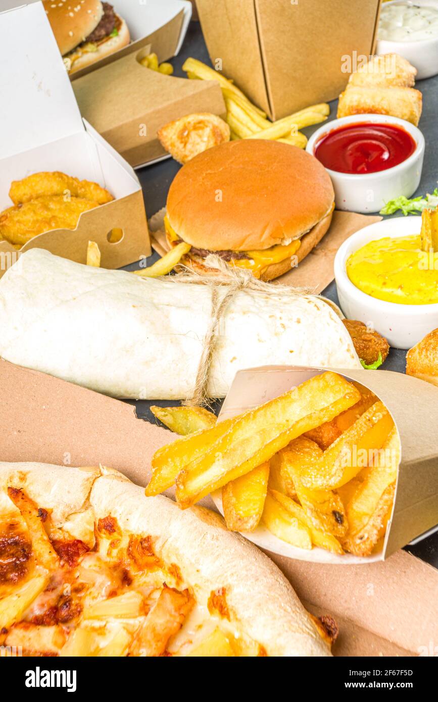 Delivery fastfood ordering food online concept. Large set of assorted ...