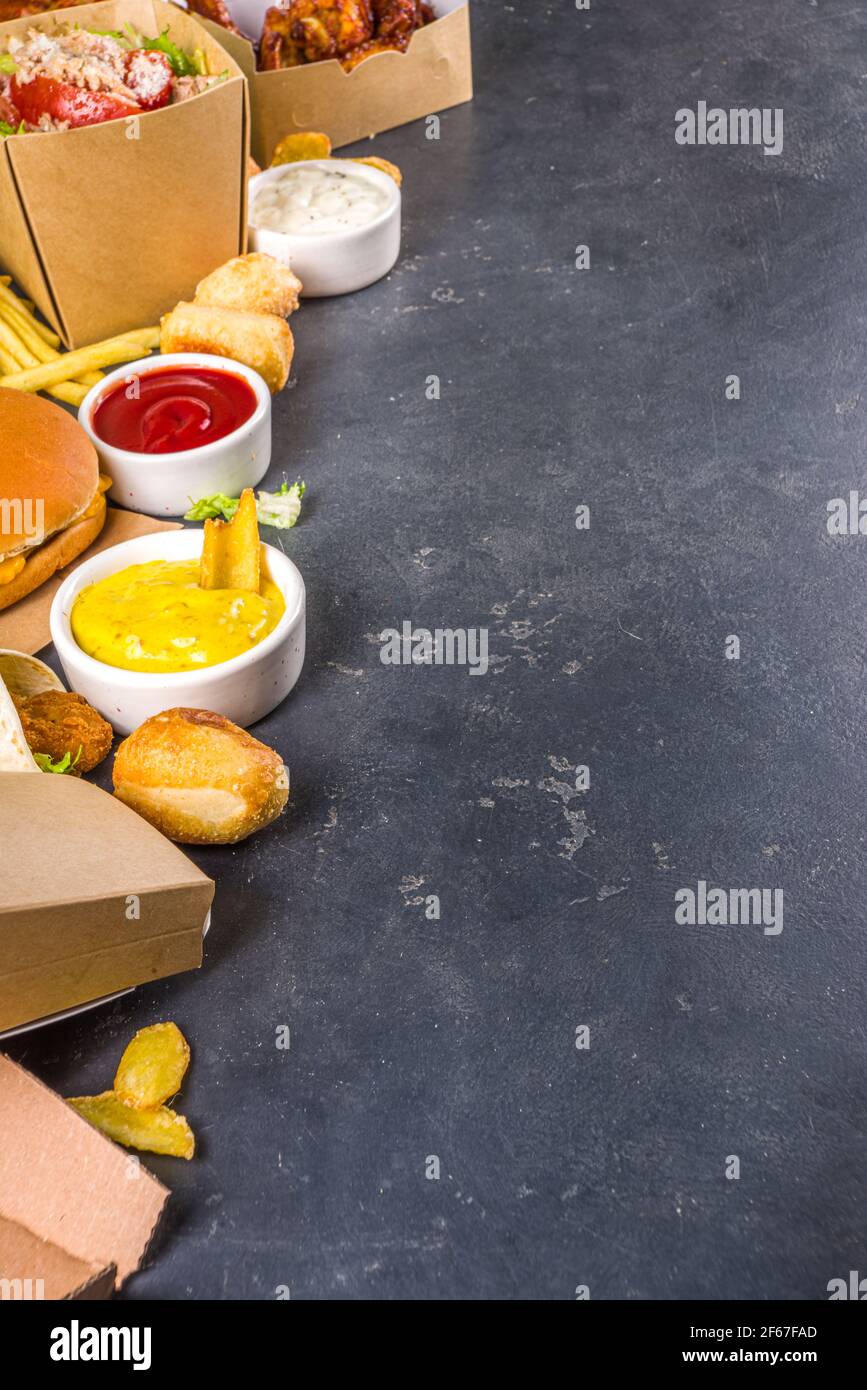 Delivery fastfood ordering food online concept. Large set of assorted ...
