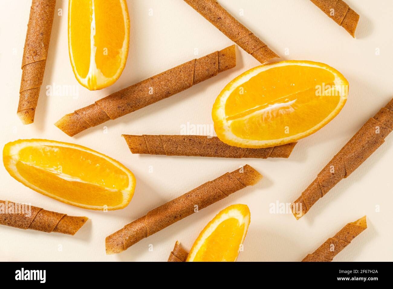 fruit roll up with orange top view. Pattern of fruit pastille. Vegan ...