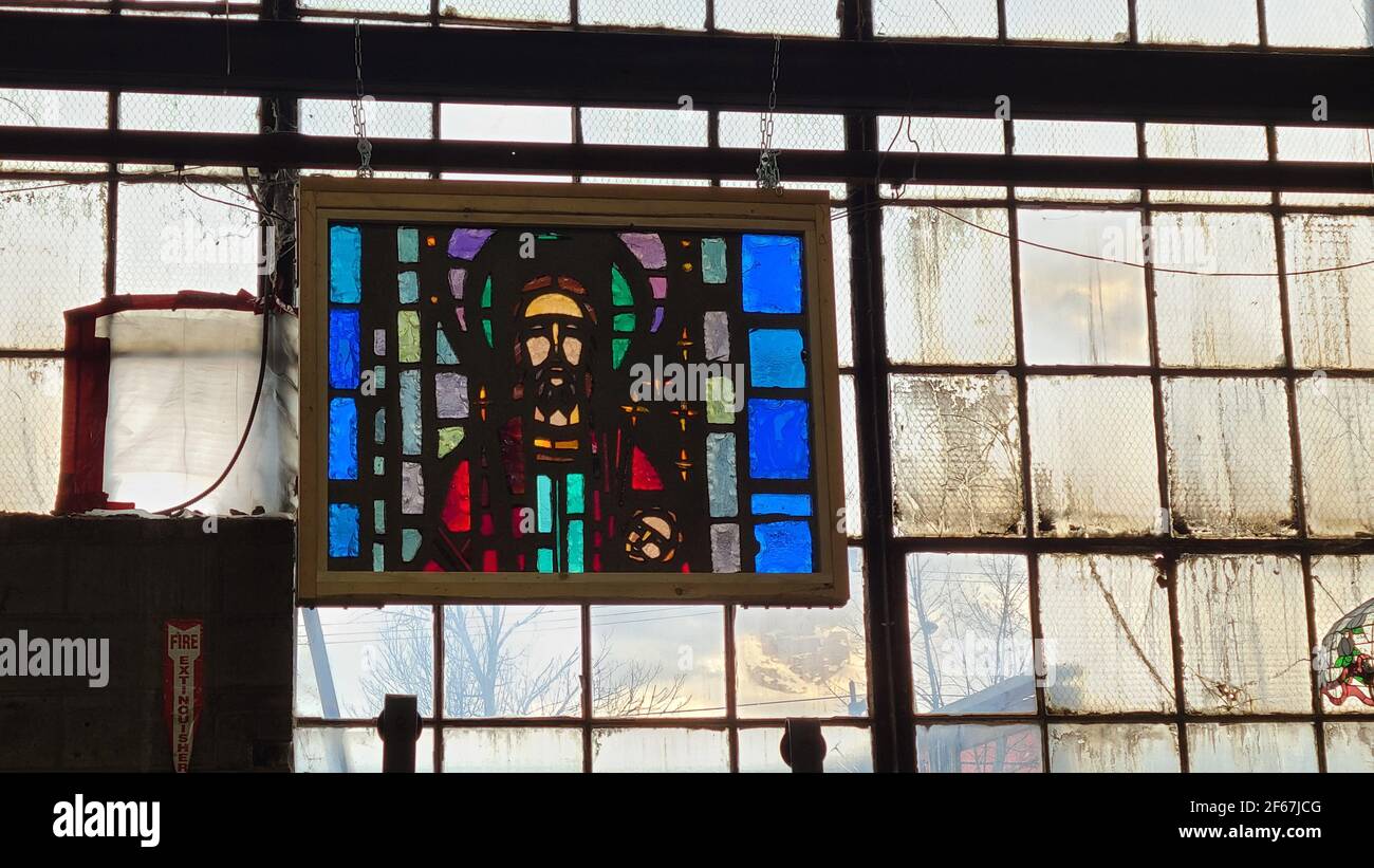 Antique Stained Glass Window with Jesus Stock Photo - Alamy